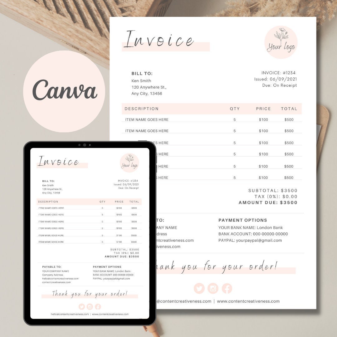 Modern Pink INVOICE Template, Instant Download, Editable Digital ...
