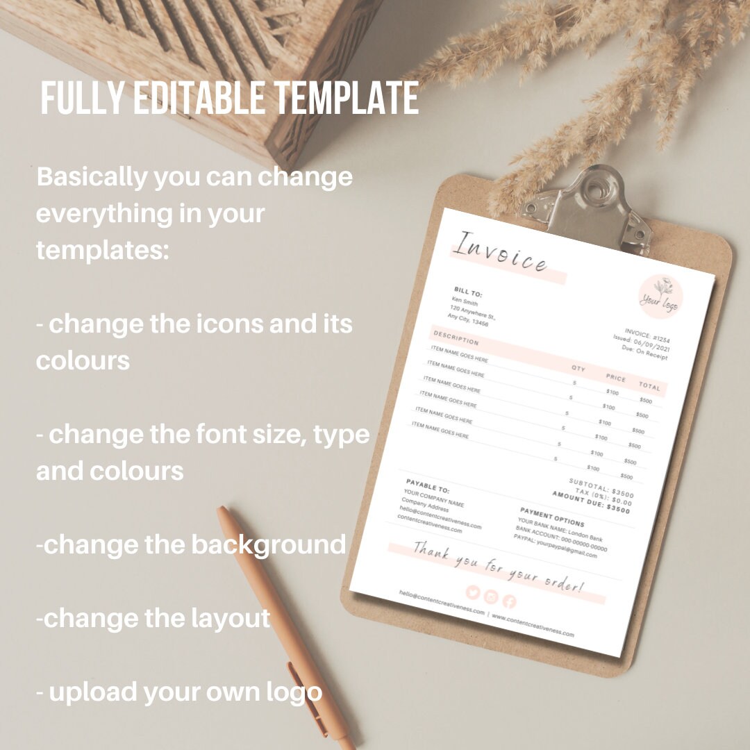 Modern Pink INVOICE Template, Instant Download, Editable Digital ...