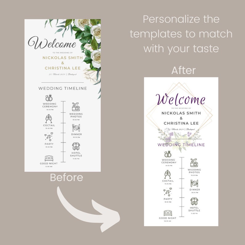 Wedding Program Template With ICONS Printable Floral Wedding Timeline ...