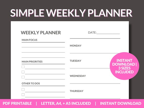 Simple Weekly Planner Printable Template Planner Printable - Etsy