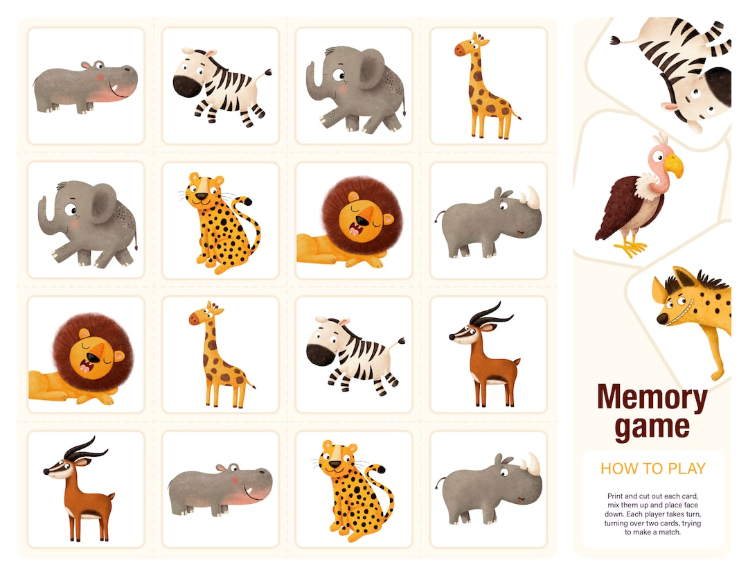 Memory Cards for Kids. Savannah Animals. Montessori Educational Game ...