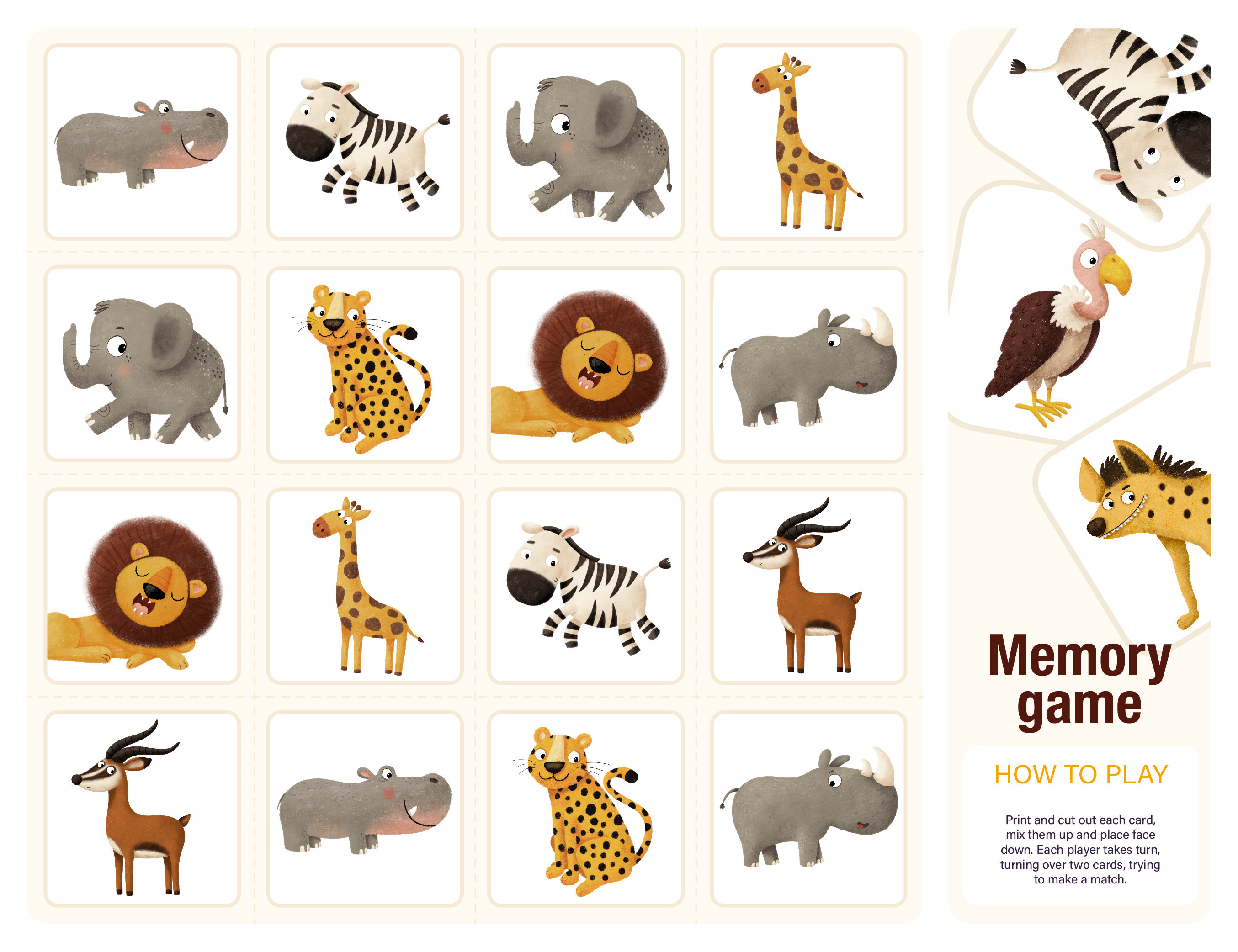 Memory Cards for Kids. Savannah Animals. Montessori Educational Game ...