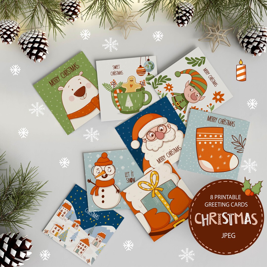 Set of 8 Printable Christmas Greeting Cards. DIY Digital Cards. Instant ...