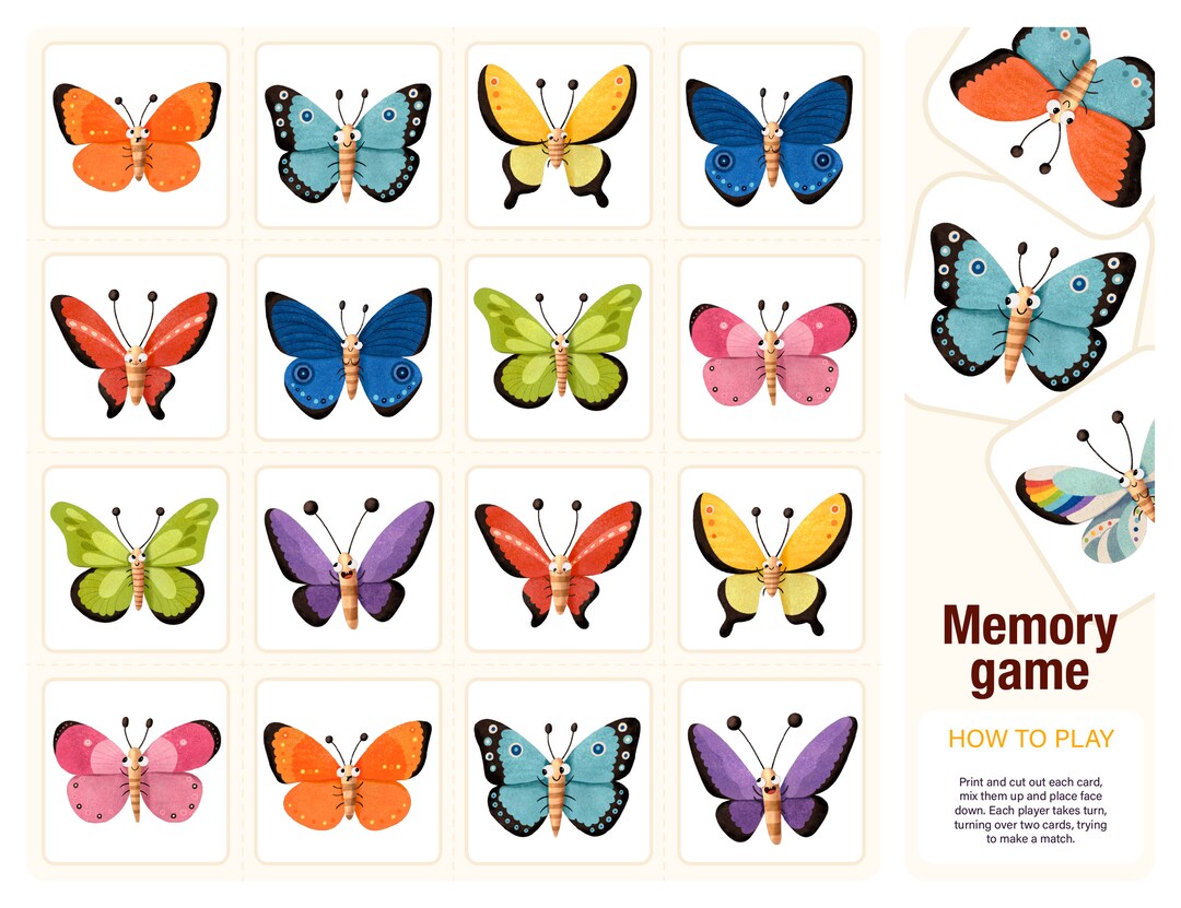 Butterfly Memory Cards for Kids. Montessori Educational Game for ...