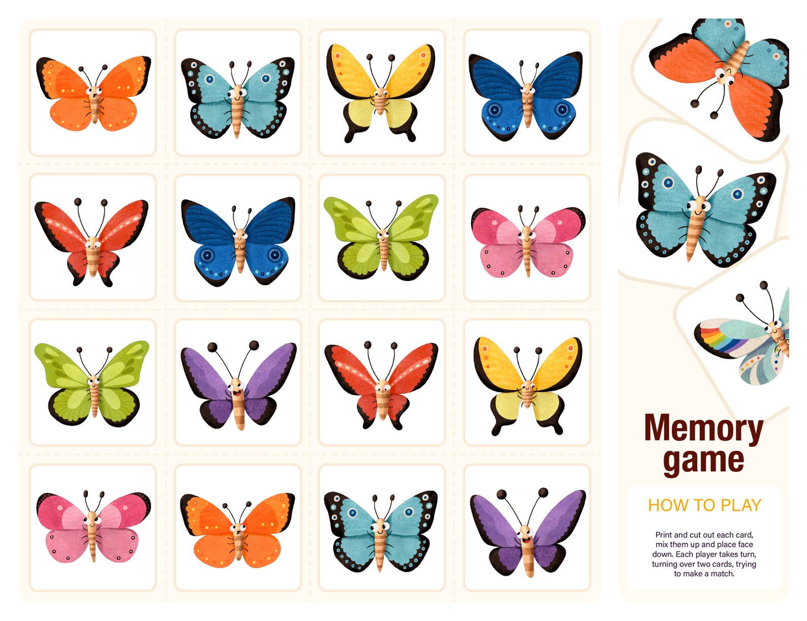 Butterfly Memory Cards for Kids. Montessori Educational Game for ...