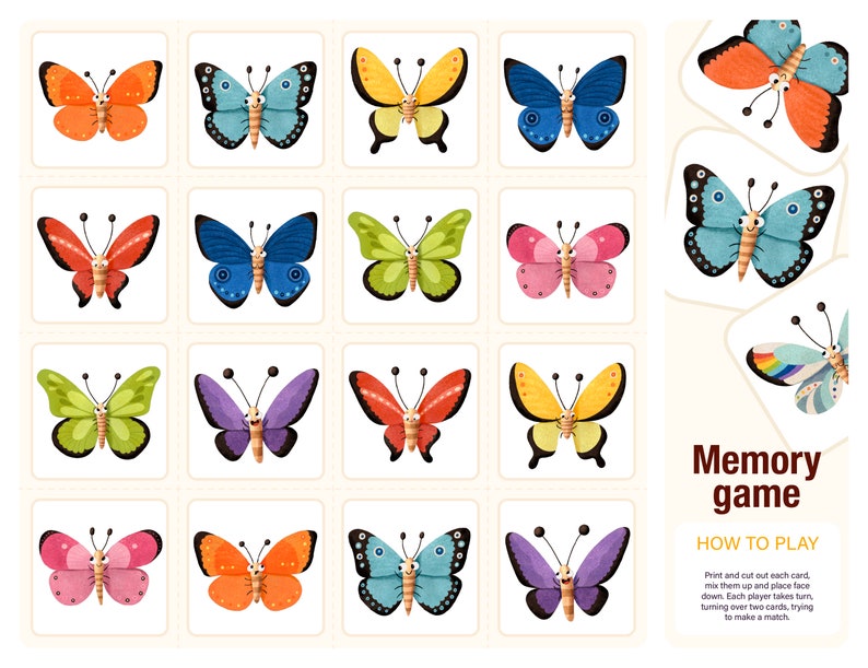 Butterfly Memory Cards for Kids. Montessori Educational Game for ...
