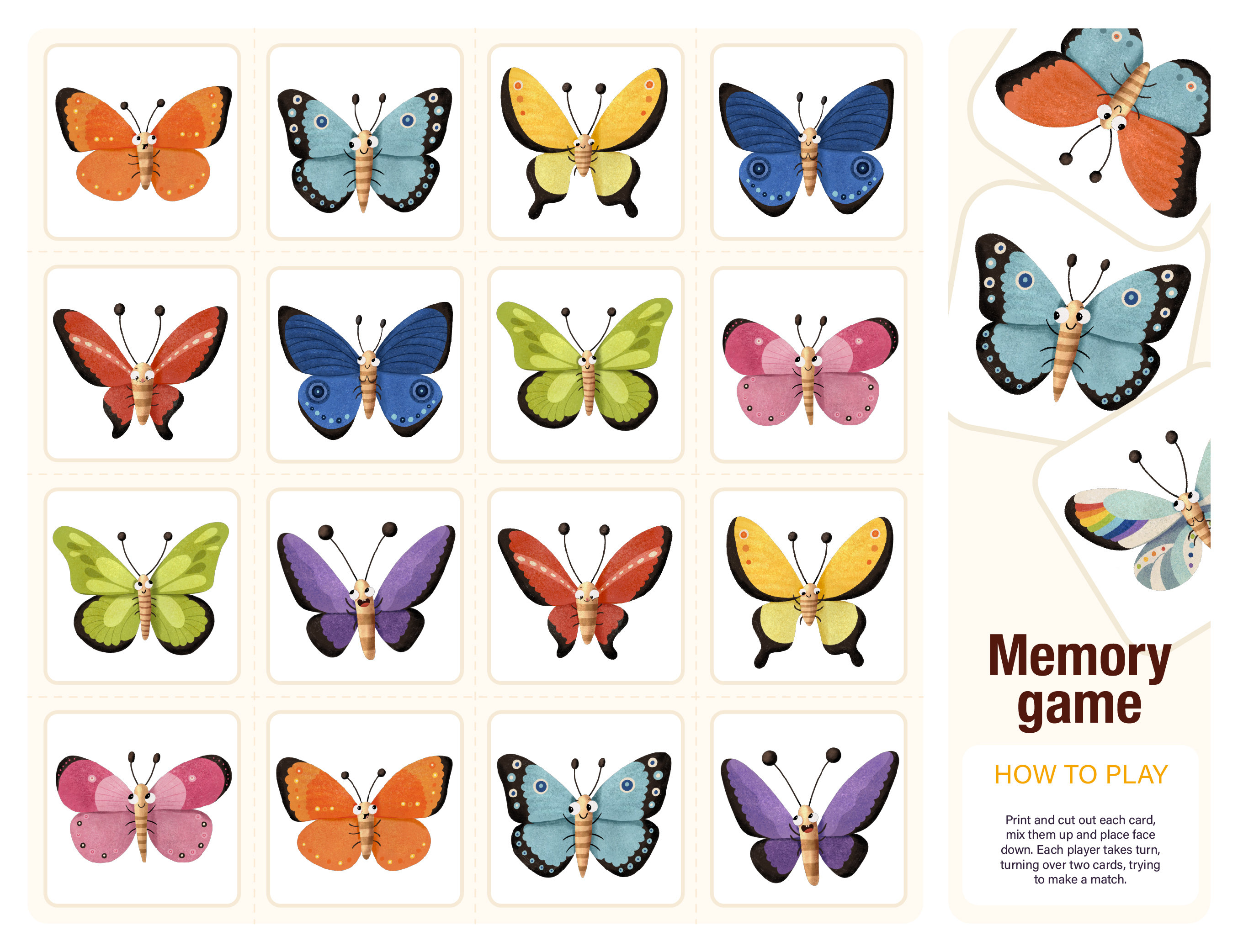 Butterfly Memory Cards for Kids. Montessori Educational Game for ...