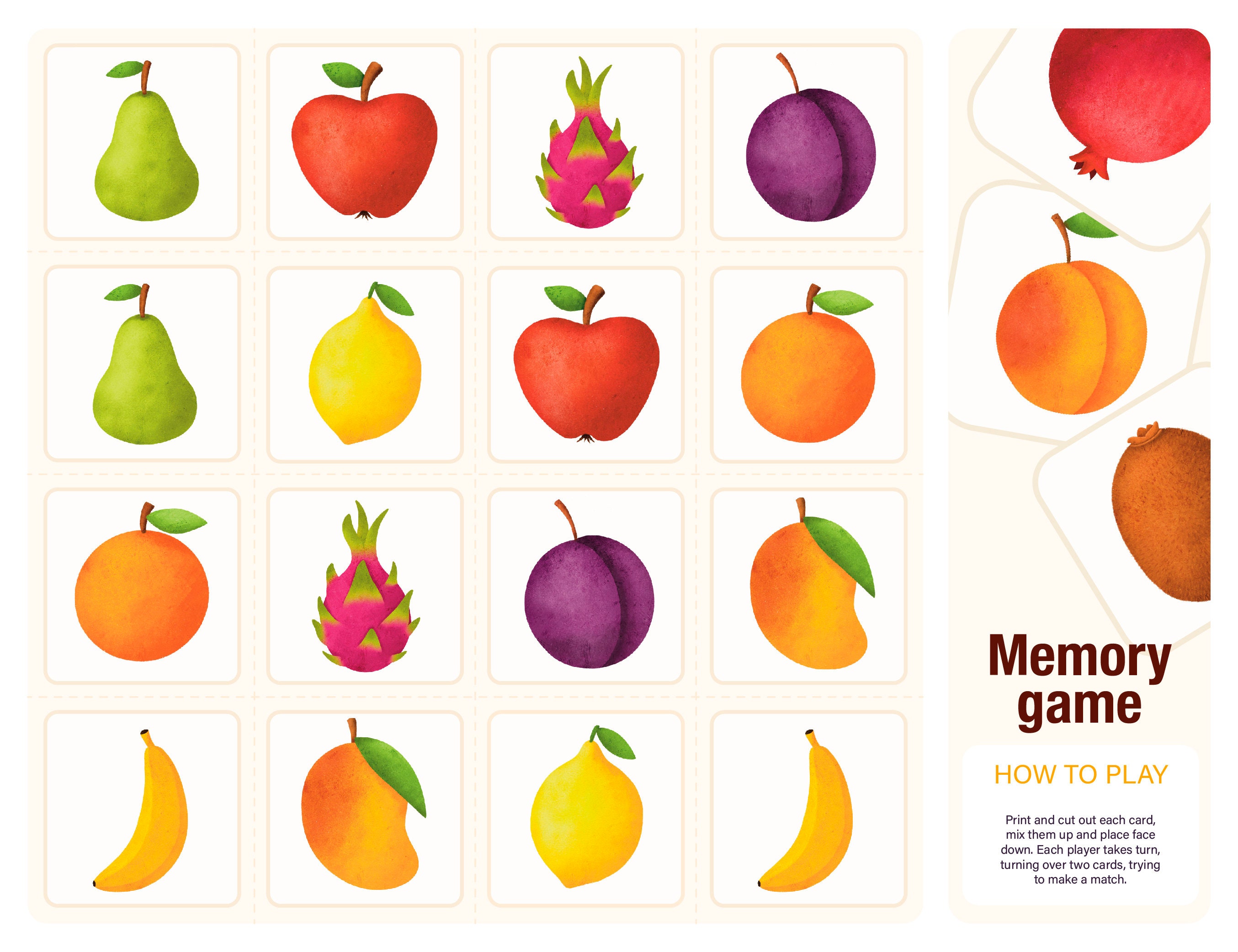 Memory Cards for Kids With Fruits. Montessori Educational Game for ...