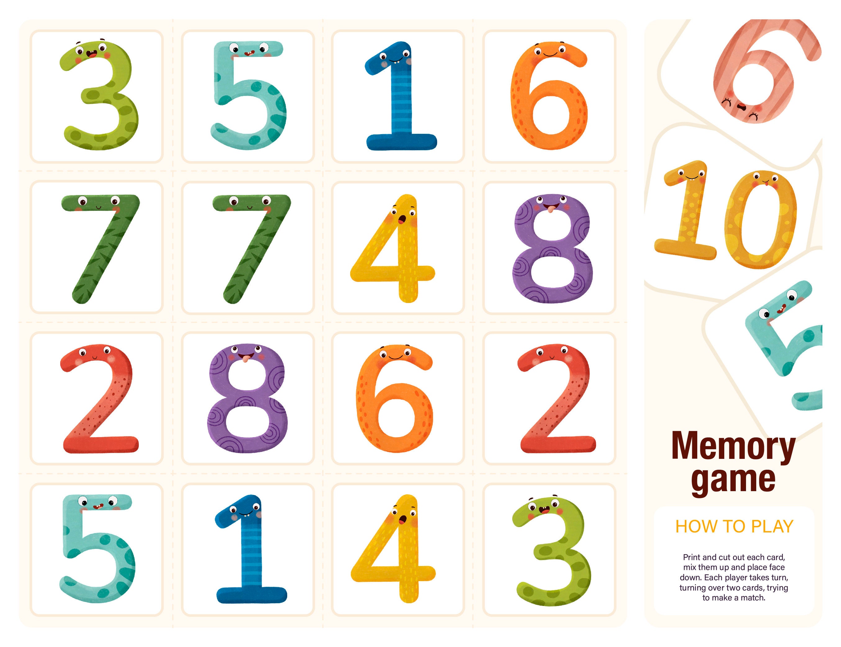 Memory Cards for Kids With Numbers. Montessori Educational Game for ...