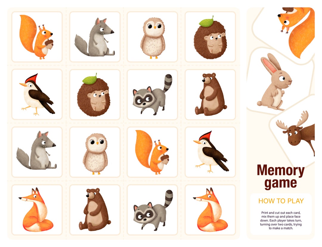 Memory Cards for Kids. Forest Animals. Montessori Educational Game for ...
