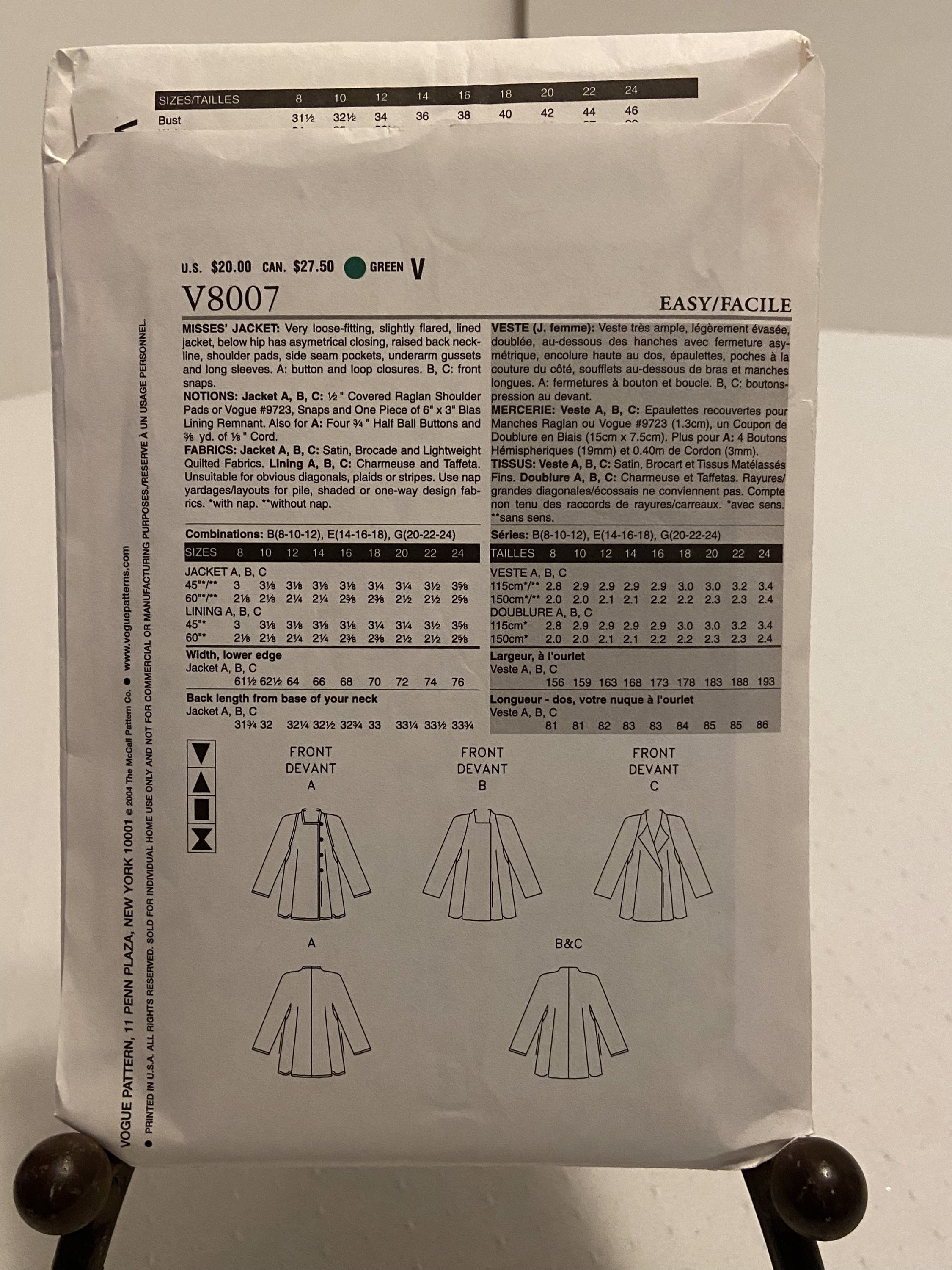 Vogue 8007 Pattern. Size 20, 22, 24. Pattern Has Not Been Cut. Original ...