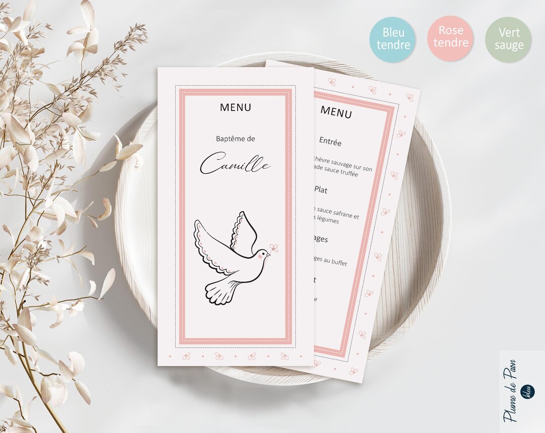 Menu Colombe | Menu de Baptême ou de Communion | Rose, Vert ou Bleu ...