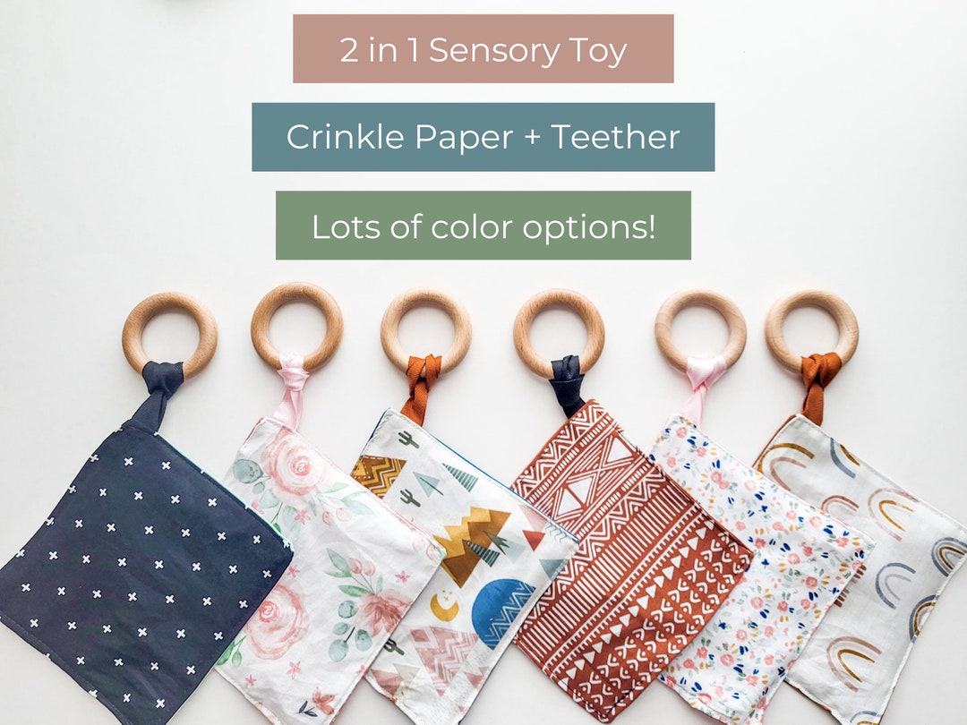Baby Crinkle Paper Teether | Sensory Baby Toys, Wooden Teether, Baby ...