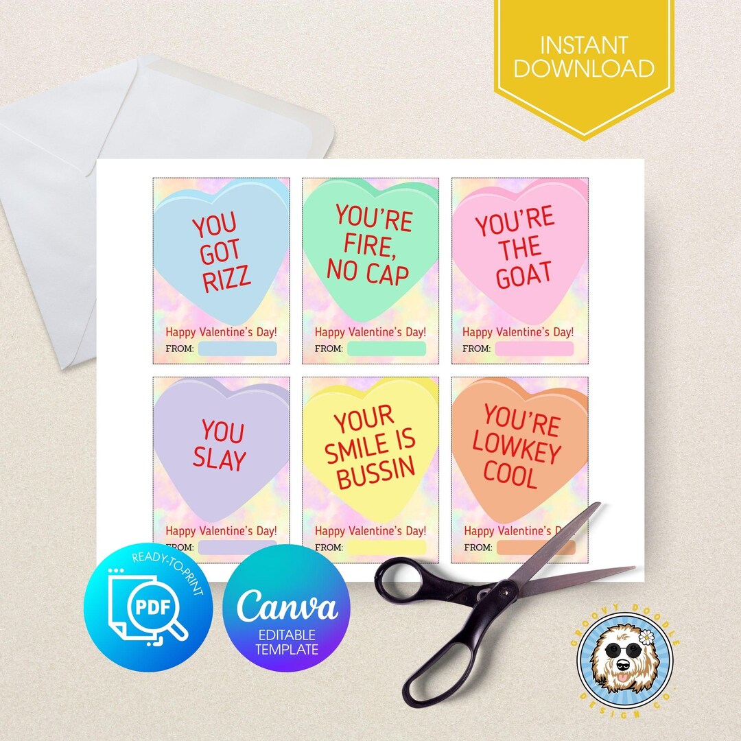 Editable Cool Slang Conversation Hearts Candy Valentine's Day Card ...
