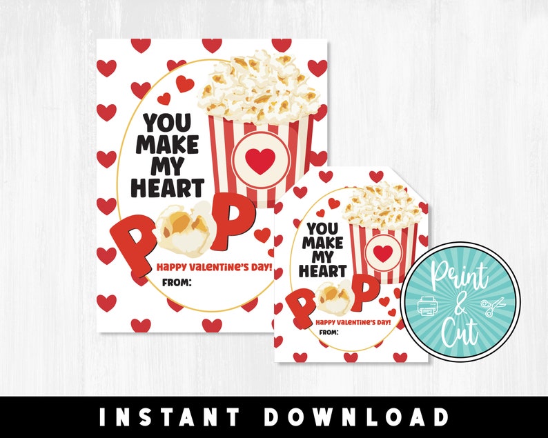 Valentine's Day Popcorn Tags, Valentine's Day Printable Tag, Printable ...