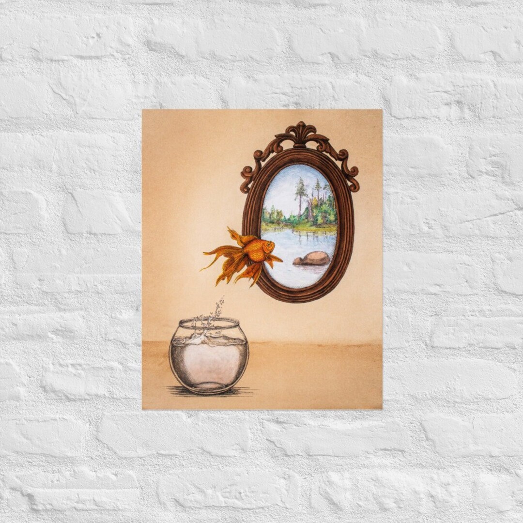 Wall Poster, LEAP OF FAITH, Niki Mcqueen, Goldfish Jumping Out of Bowl ...