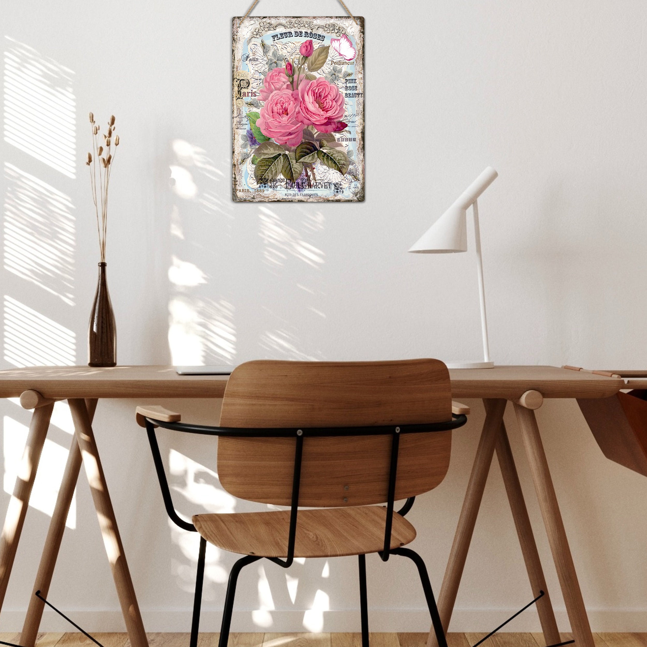 Shabby Chic Pink Rose Flower Vintage French Metal Sign, Wall Hanging ...