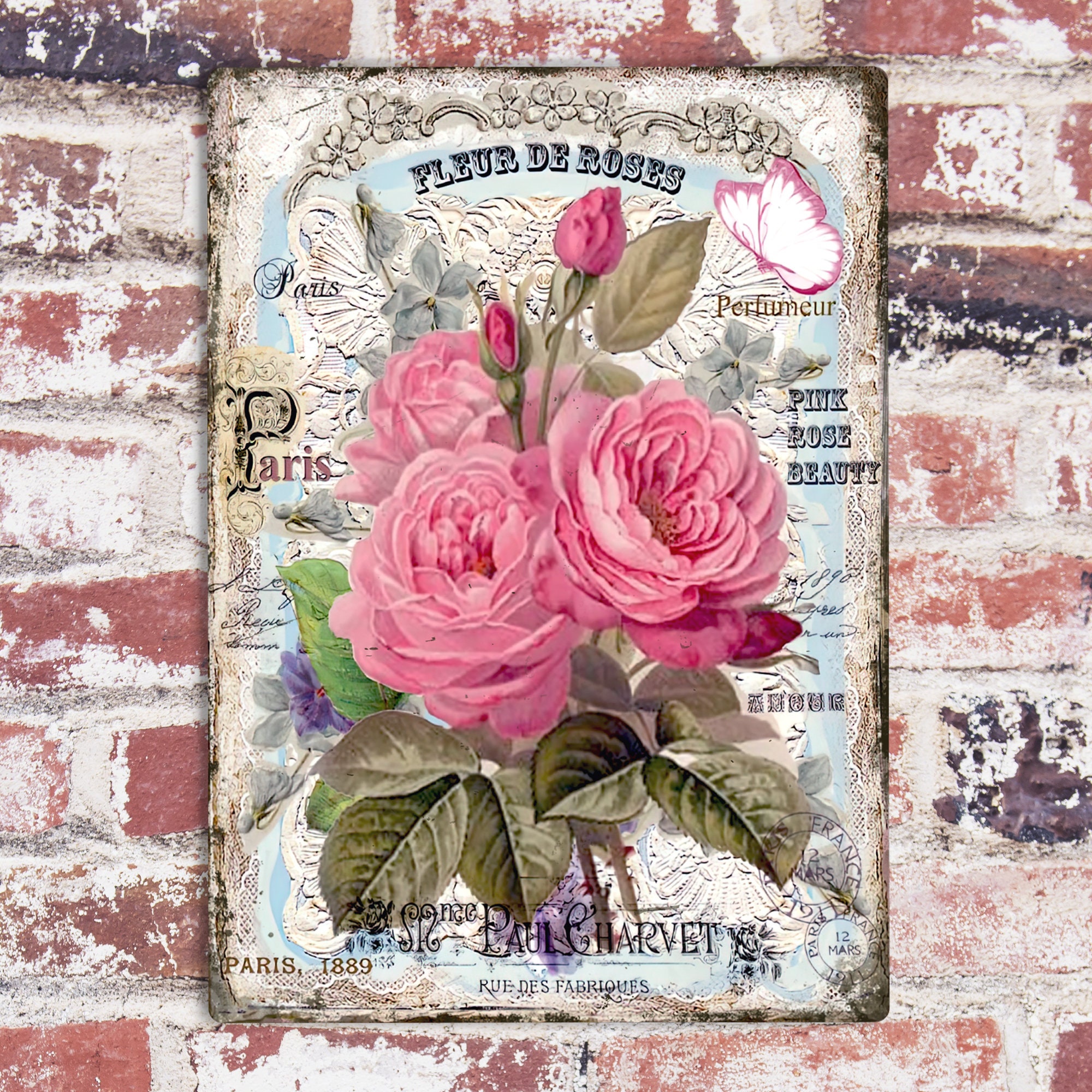 Shabby Chic Pink Rose Flower Vintage French Metal Sign, Wall Hanging ...
