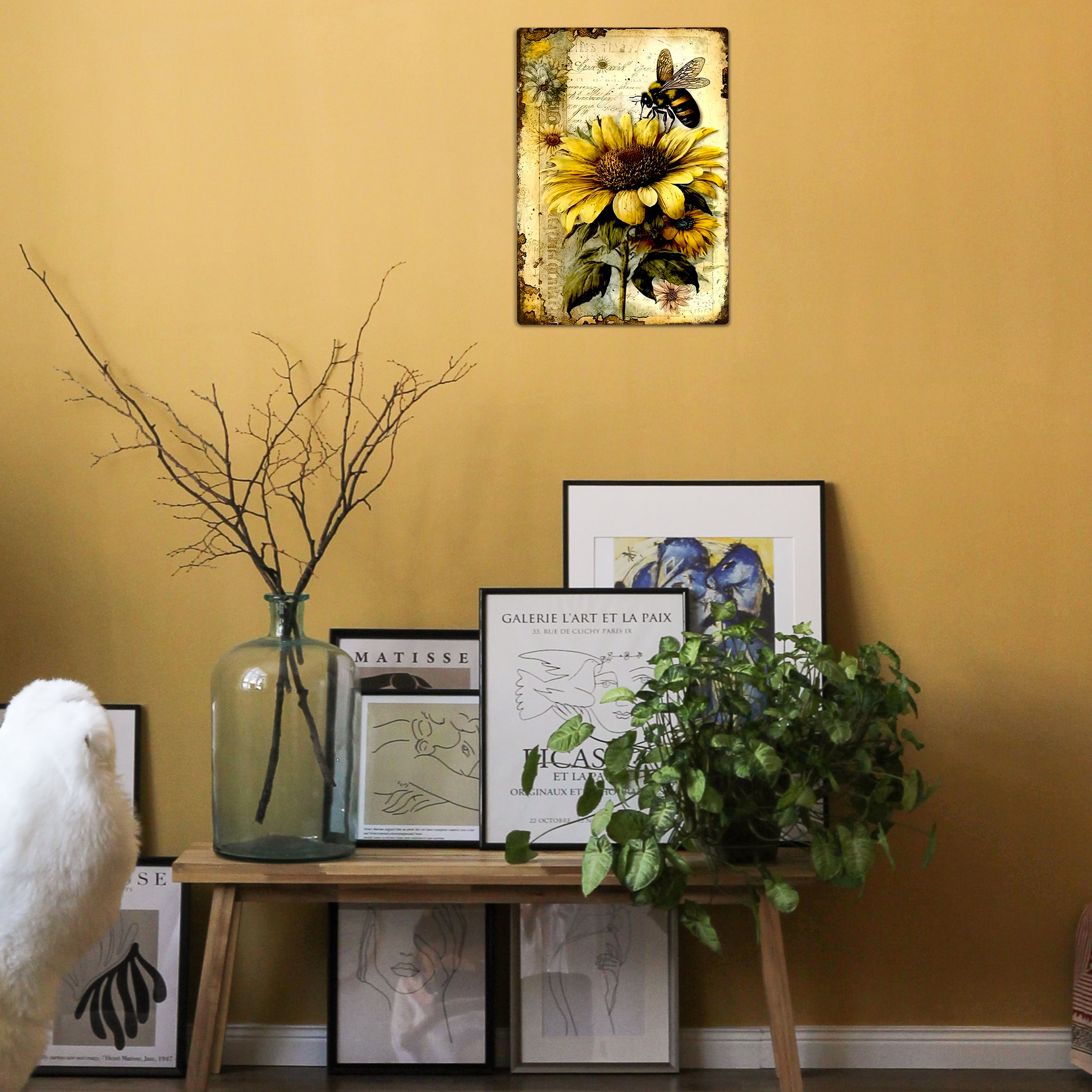 Sunflower and Bee Metal Tin Sign, Hive Garden Decoration Wall Plaque ...