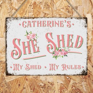 Personalised She Shed Sign, Metal Garden Wall Plaque, Women's Shed Door ...