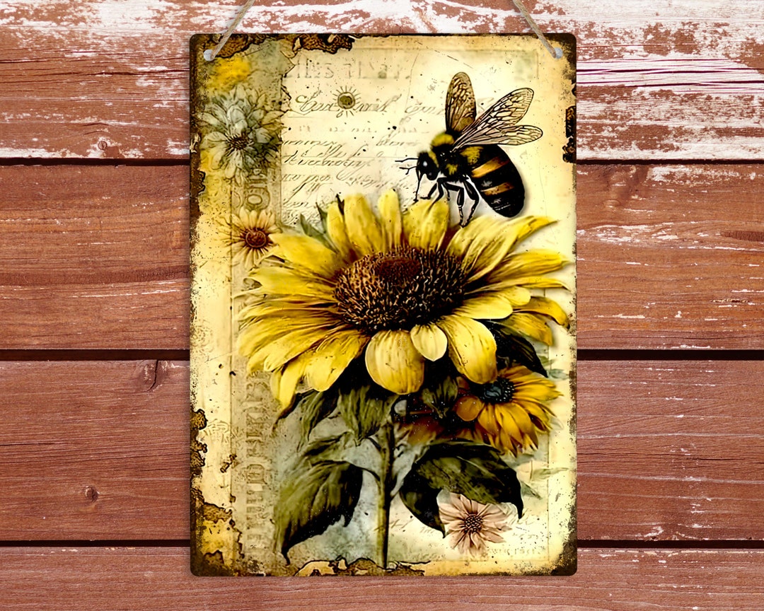 Sunflower and Bee Metal Tin Sign, Hive Garden Decoration Wall Plaque ...