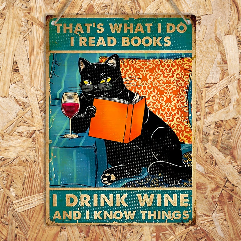 Book Cat Wine Lover Vintage Metal Sign, Retro Home Decor Wall Plaque ...