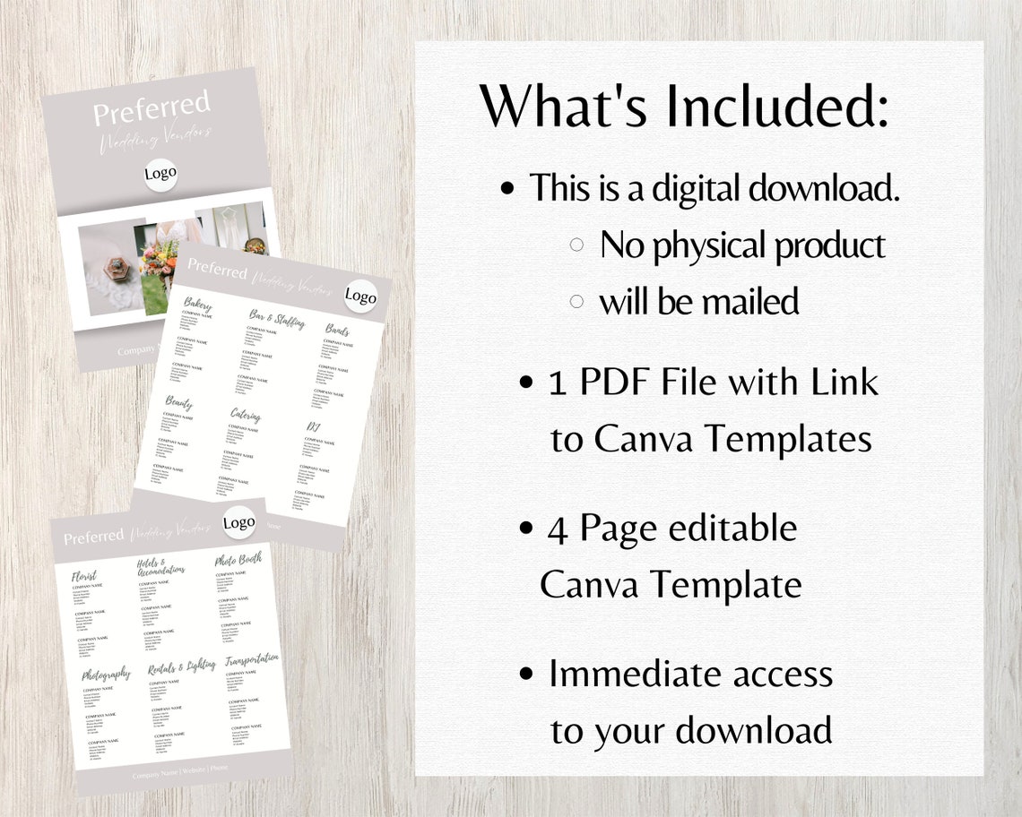 Wedding Vendor List Template | Editable Canva Preferred Vendor Guide ...