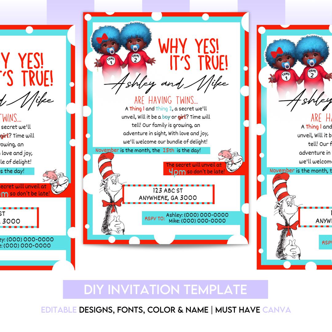 Editable Thing 1 and 2 Gender Reveal Digital Invitation Template ...