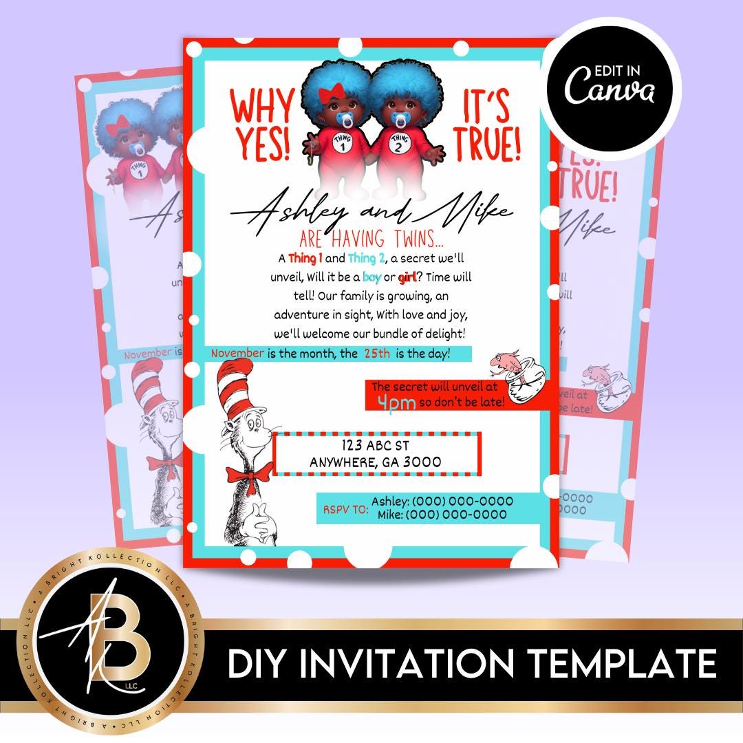 Editable Thing 1 and 2 Gender Reveal Digital Invitation Template ...