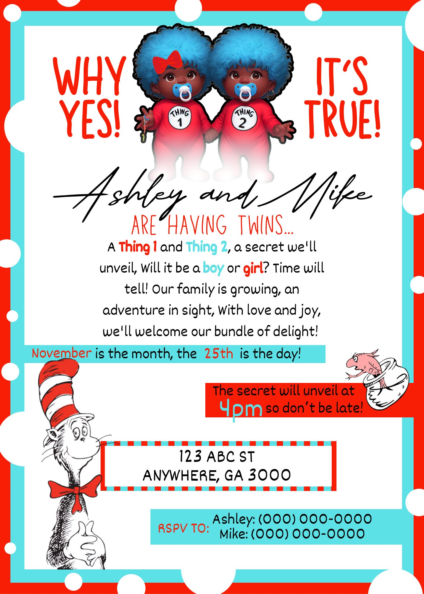 Editable Thing 1 and 2 Gender Reveal Digital Invitation Template Twins ...