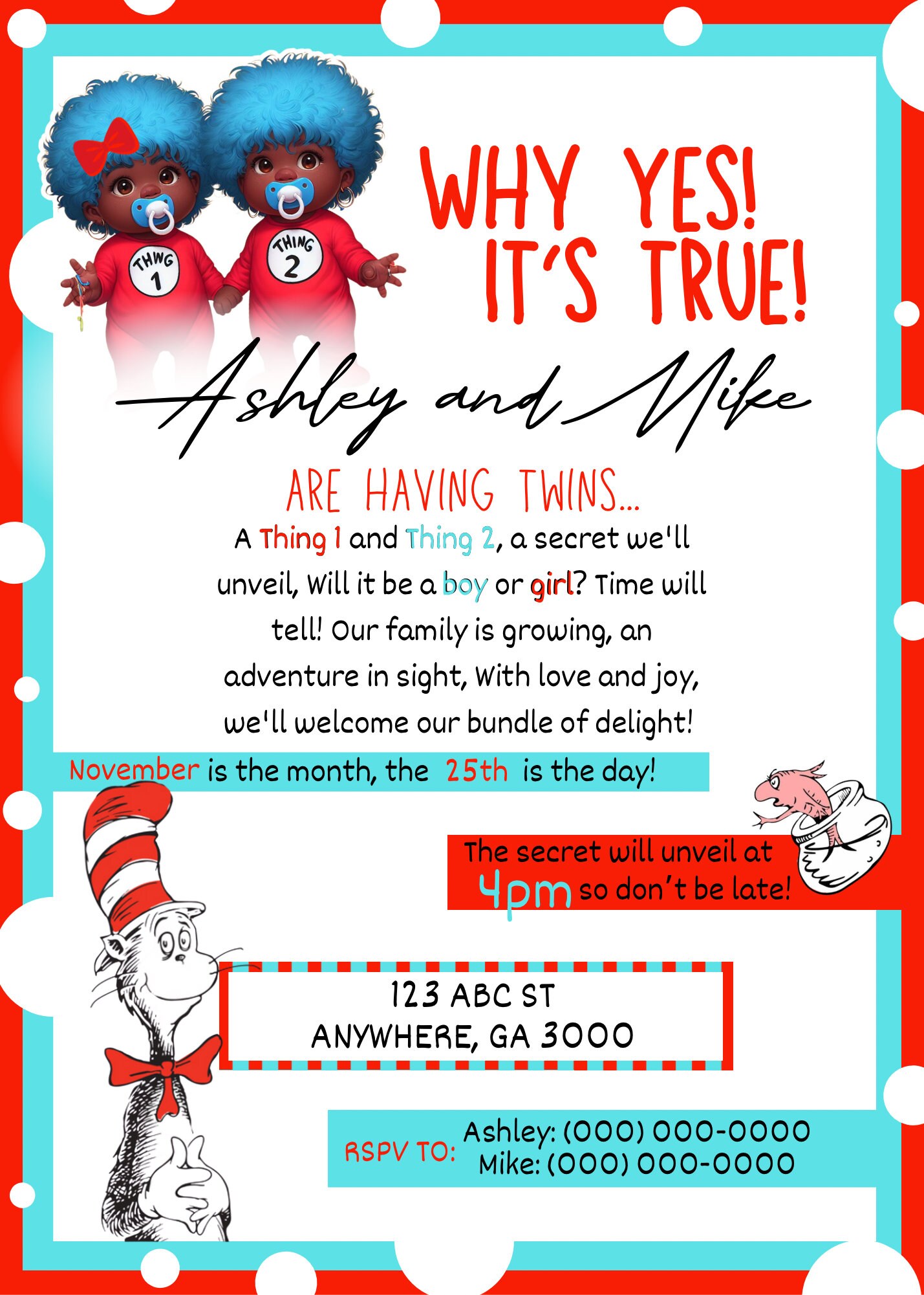 Editable Thing 1 and 2 Gender Reveal Digital Invitation Template Twins ...