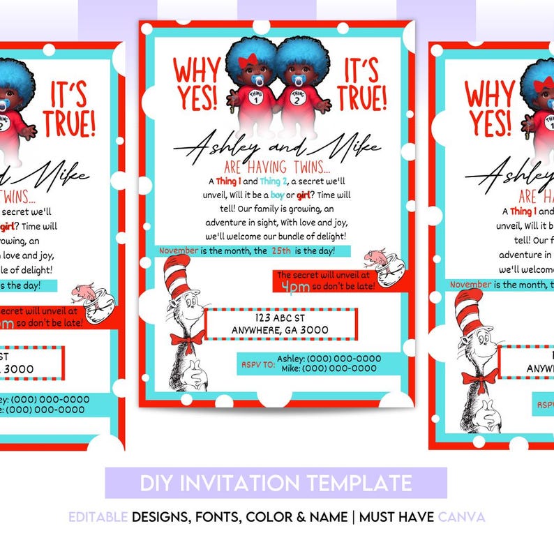 Editable Thing 1 and 2 Gender Reveal Digital Invitation Template ...