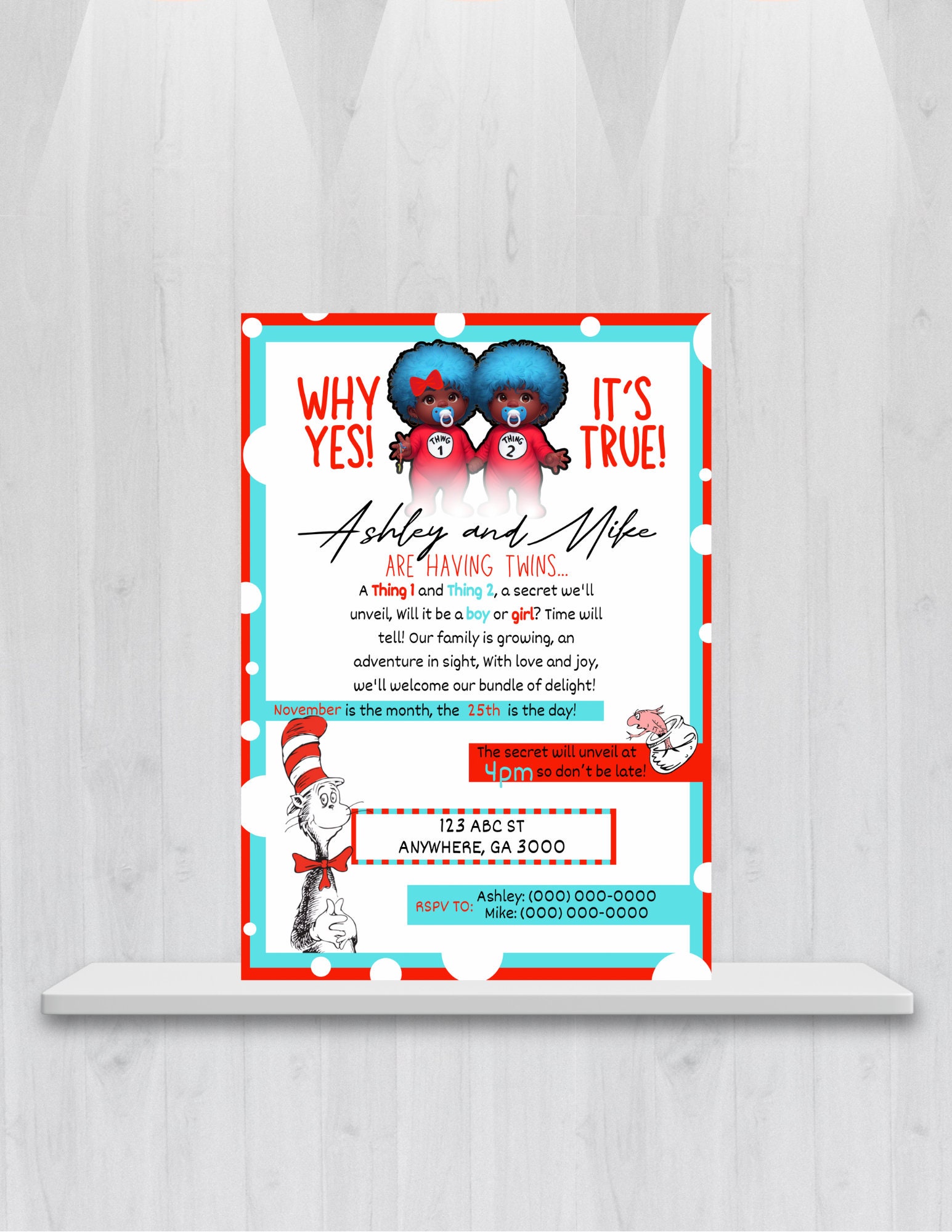 Editable Thing 1 and 2 Gender Reveal Digital Invitation Template Twins ...