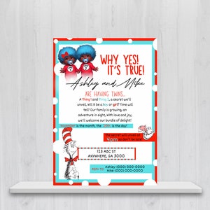 Editable Thing 1 and 2 Gender Reveal Digital Invitation Template Twins ...