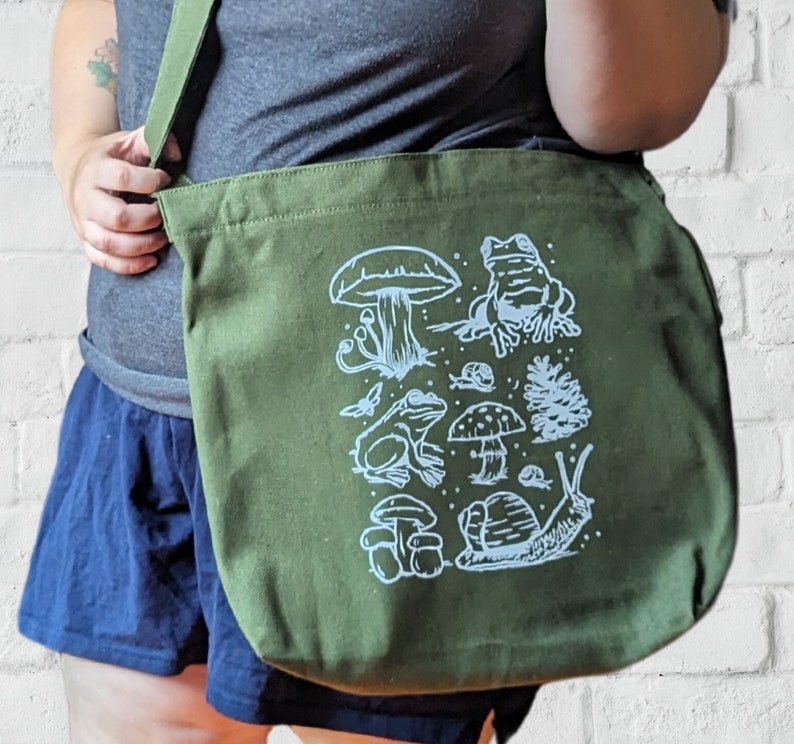 Foraging Tote Bag With Mushrooms, Woodland Creature Frog and Snail ...