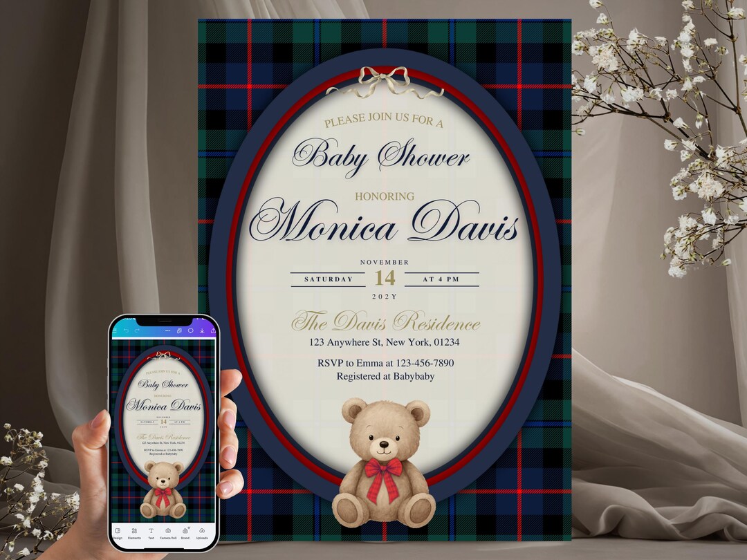 Preppy Bear Baby Shower Invitation: Plaid Winter Theme, (digital ...