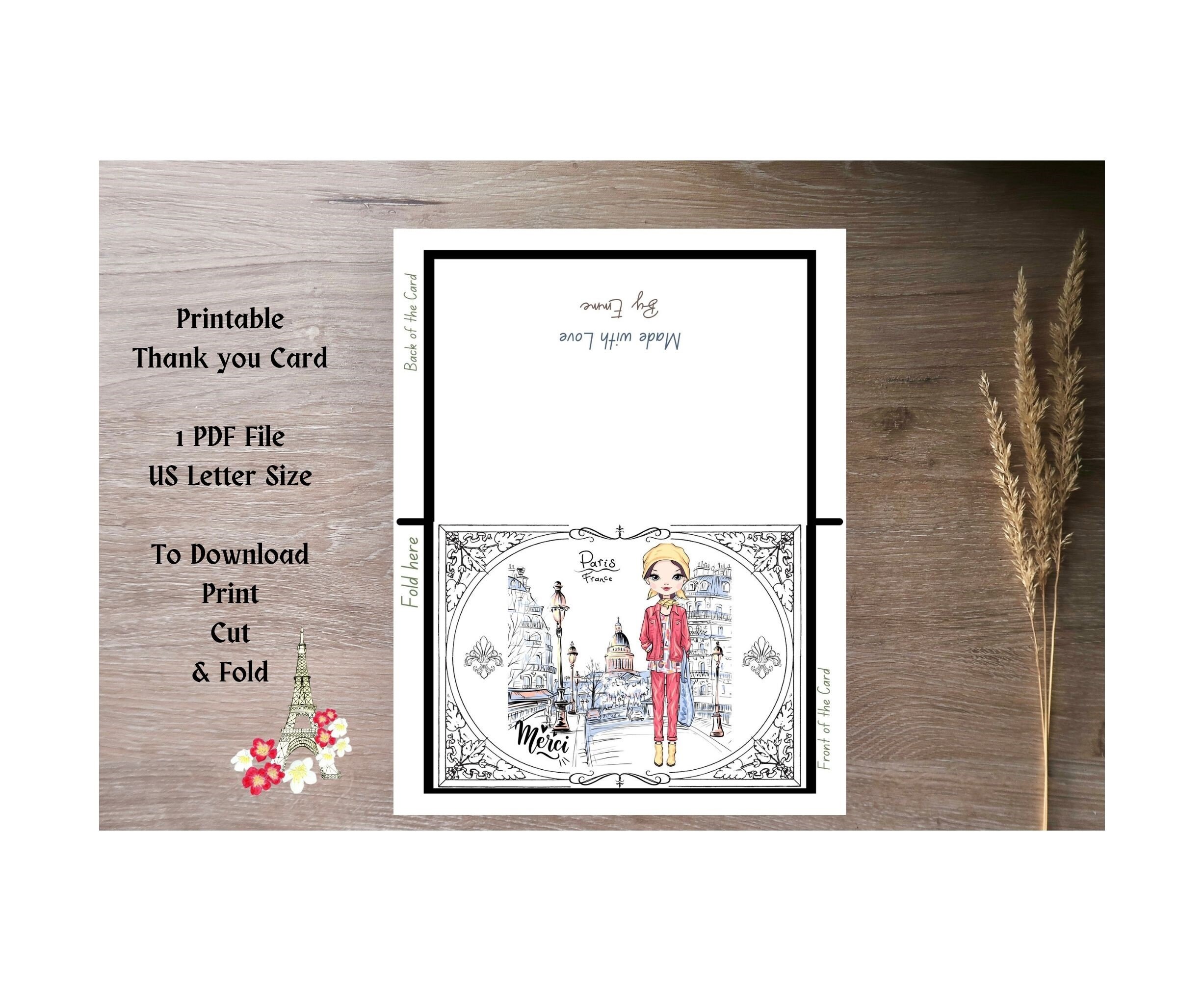 Printable Parisian Thank You Greeting Card. Instant Download. Merci ...