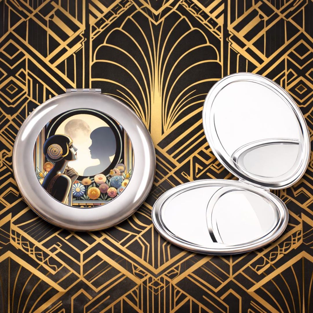 Art Deco Moon Design Travel Compact Mirror, 1920s Jazz Age Purse Makeup ...