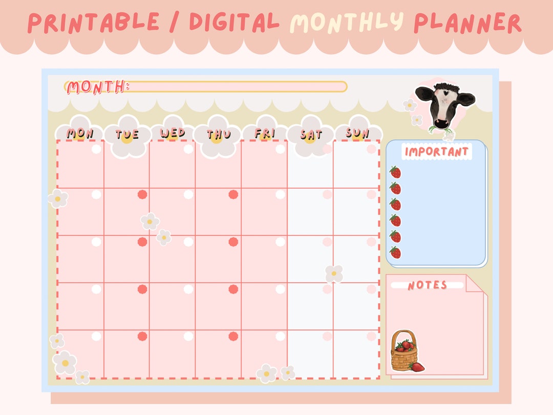 Undated Monthly Calendar | Cute Printable Planner | Instant Digital ...
