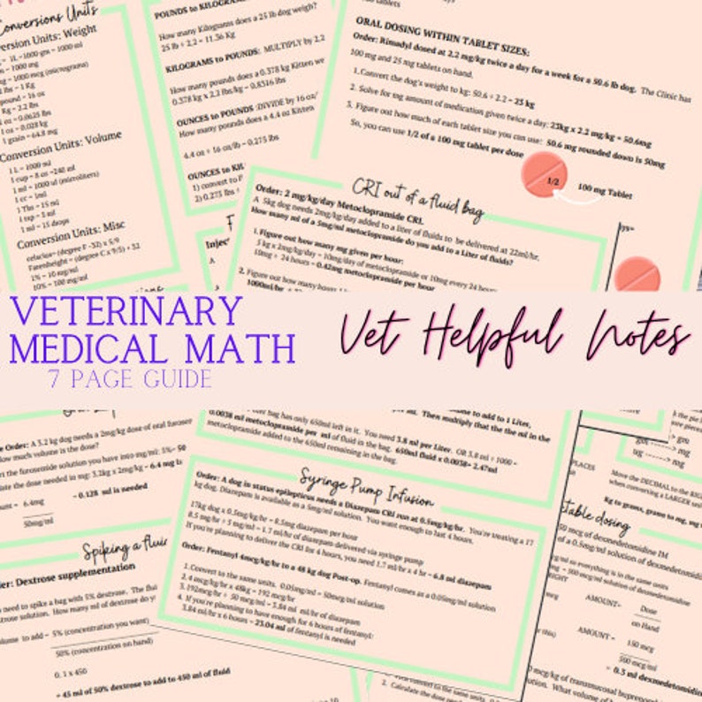 Vet Med Math Guide Vet Notes for Vet Techs Vet Students - Etsy