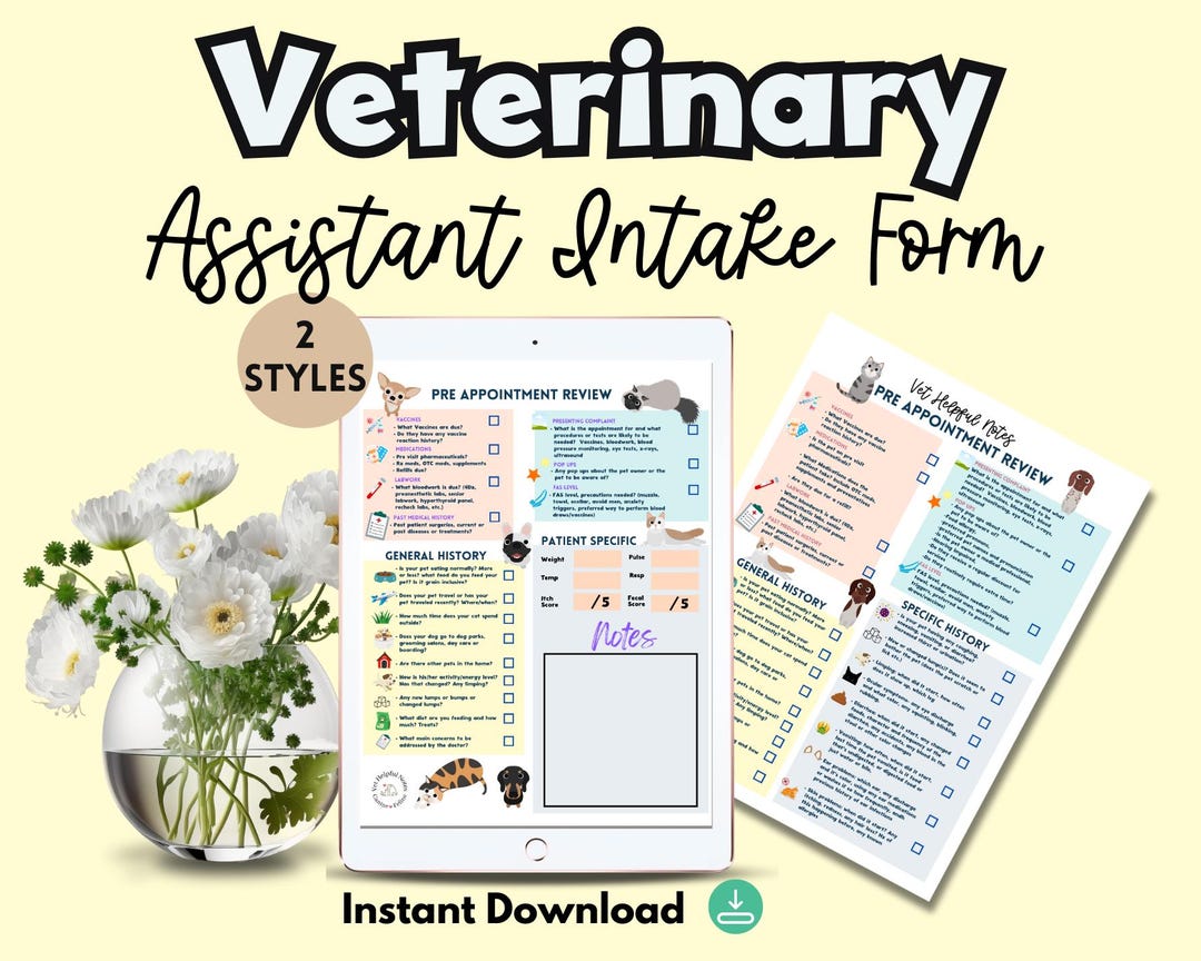 Vet Assistant Intake Form Veterinary History Form Vet Assistant History ...