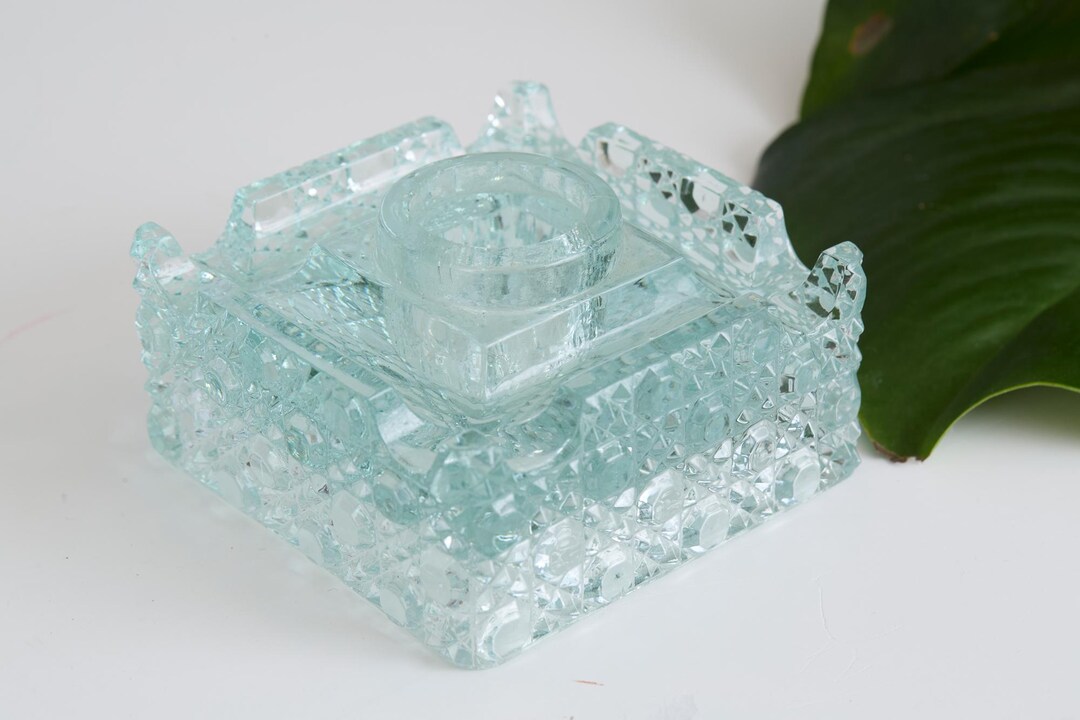 Antique Aqua Blue Pressed Glass Inkwell Geometric Block Pattern Desk ...
