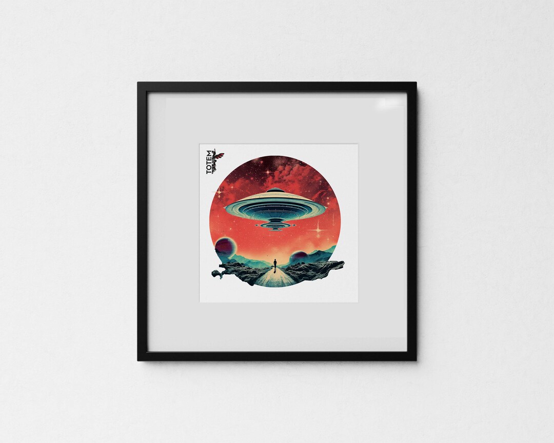A UFO Themed Art Print in a Square Frame. Printed Area is 4 by 4 Inch ...