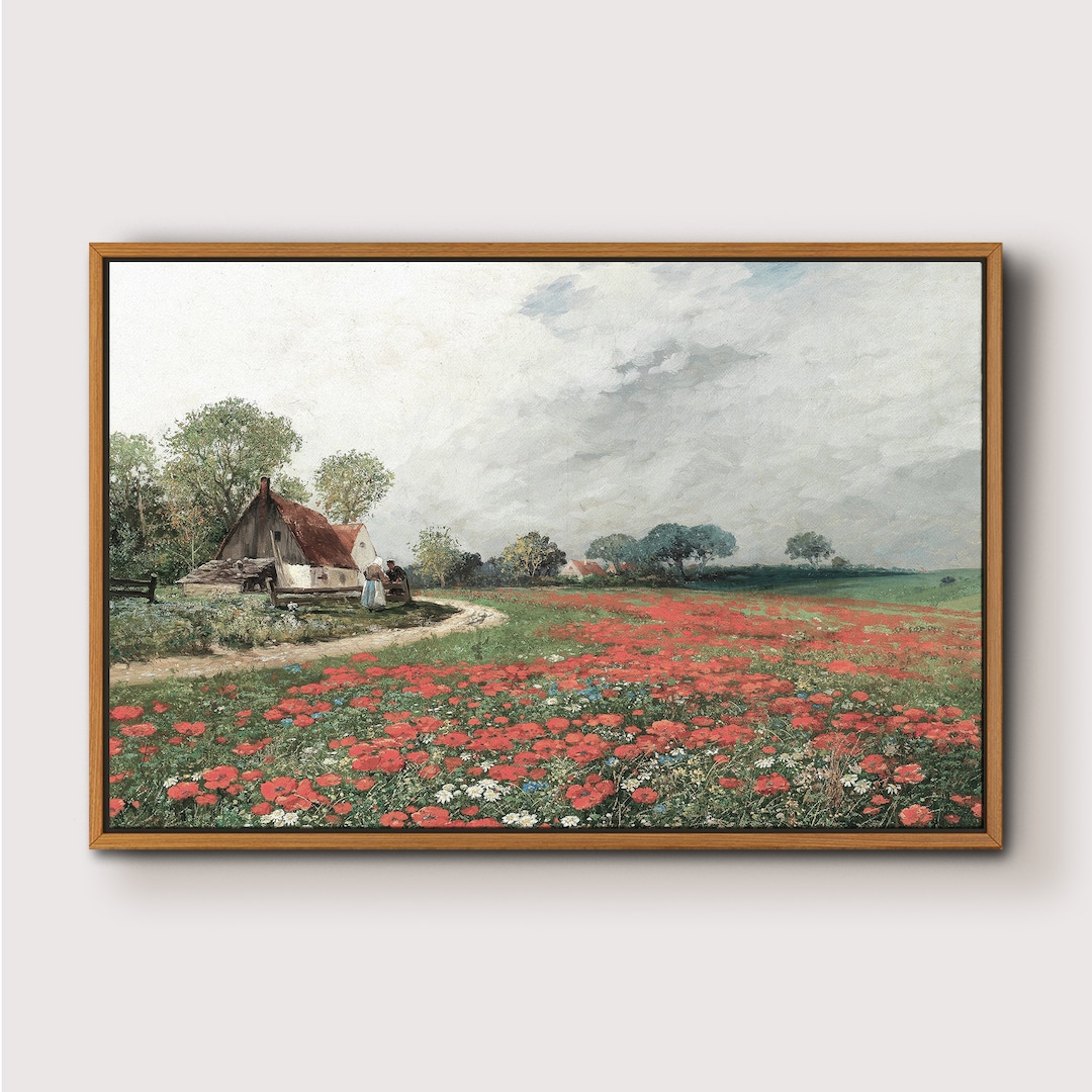 Vintage Flower Field Oil Painting Landscape Wall Art Print, Nature ...