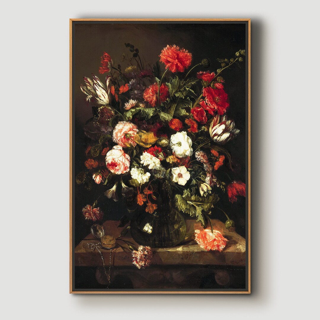 Flower Still Life With A Timepiece Art Print Wall Art Print, Neutral ...