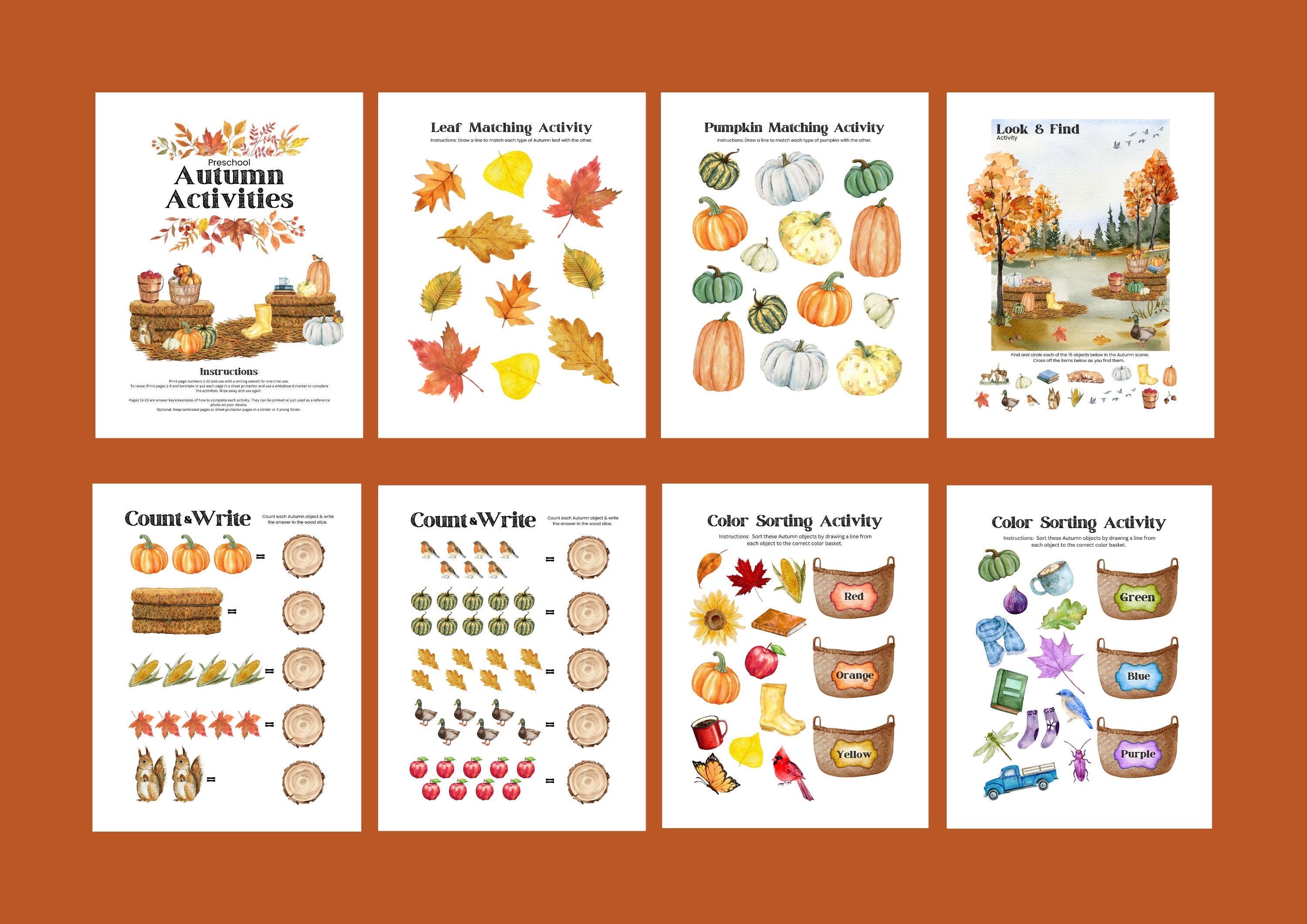 Preschool Kindergarten Fall Autumn Activity Worksheets Printable PDF ...