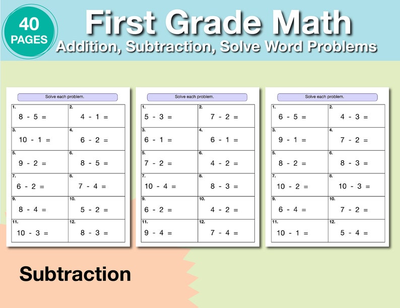 1st Grade Math Worksheets: Addition, Subtraction, Word Problems (PDF ...