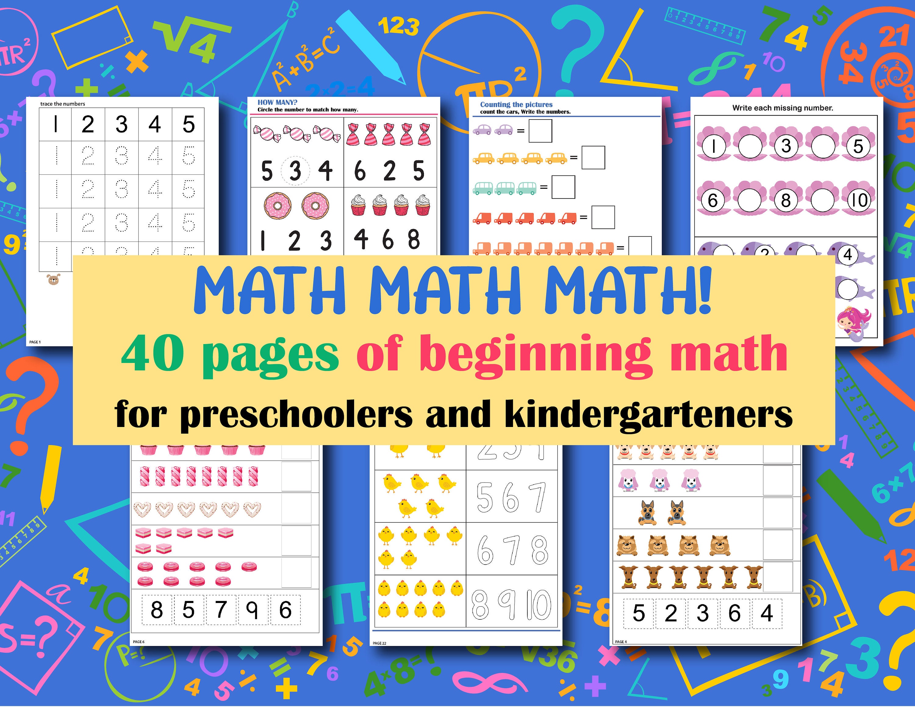Preschool Math Worksheets: Counting & Addition (PDF Printable) - Etsy