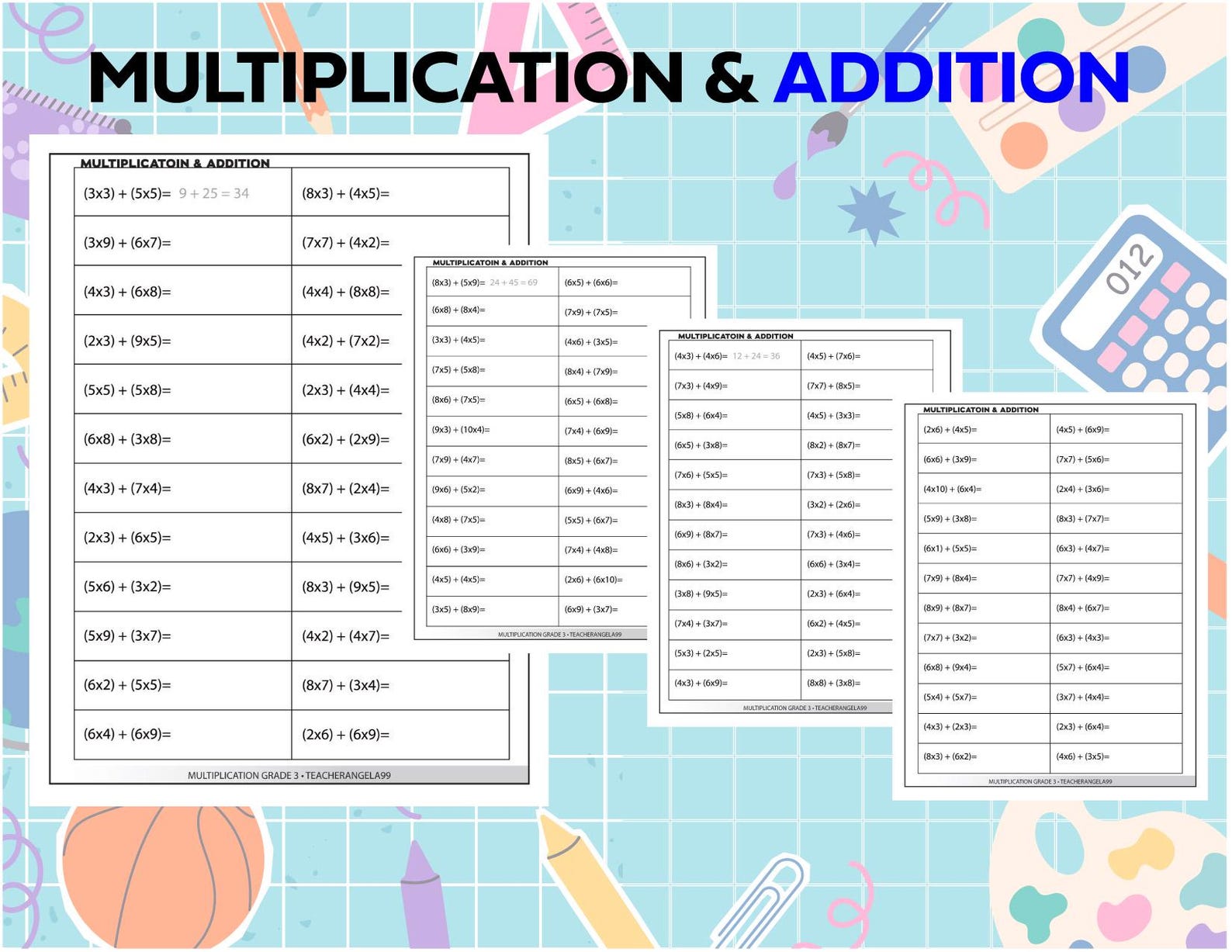 100 Pages of Multiplication Worksheets, Additions and Words Problems - Etsy