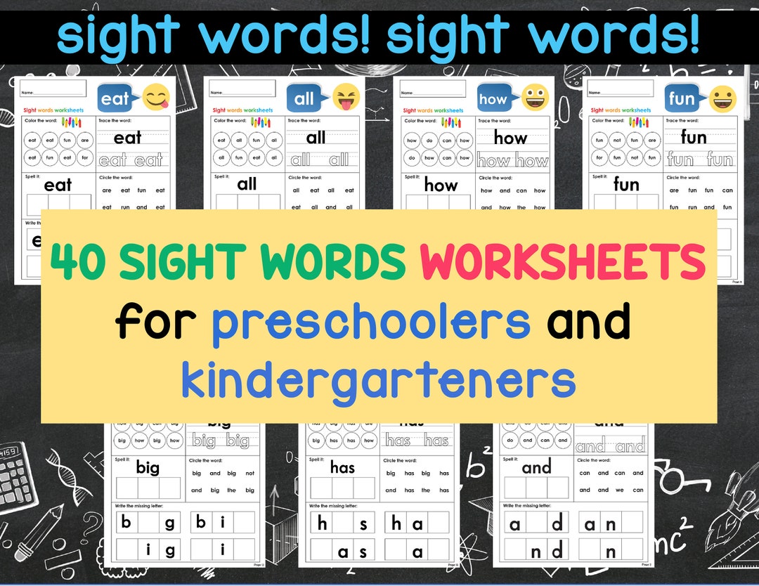 Preschool & Kindergarten Sight Word Worksheets - 40 Sight Words! - Etsy